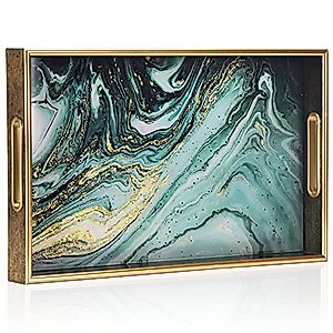Decorative Coffee Table Tray, 15.7" x 9.8" Rectangle Breakfast Serving Tray with Handles, Unique Printed Glass Trays for Coffee Table, Ottoman(White and Green)