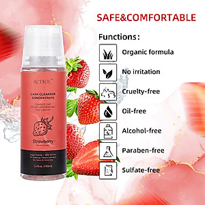 ACTROL Eyelash Shampoo Concentrate 100ml Lash Extensions Cleanser Concentrate Strawberry Foaming Shampoo Paraben & Sulfate Free Wash for Extensions Lashes with Salon Home Care-Makes 60ml Bottles