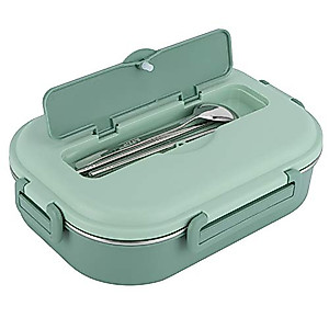 Raviga Stainless Steel Lunch Box 4 Compartments Portable Bento Box for Kids Student or Adult Food Storage Containers with Lids Airtight Soup Bowl & Tableware Large Capacity 50-oz(Green)