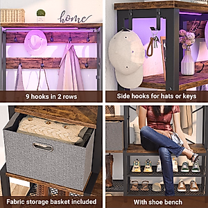 Aheaplus Hall Tree with Storage Bench, Coat Rack with LED Lights, 5-Tier Shelves, Fabric Storage Basket, Side Hooks, 71’’ Industrial 5 in 1 Large Organizer, Sturdy Metal Frame, Rustic Brown