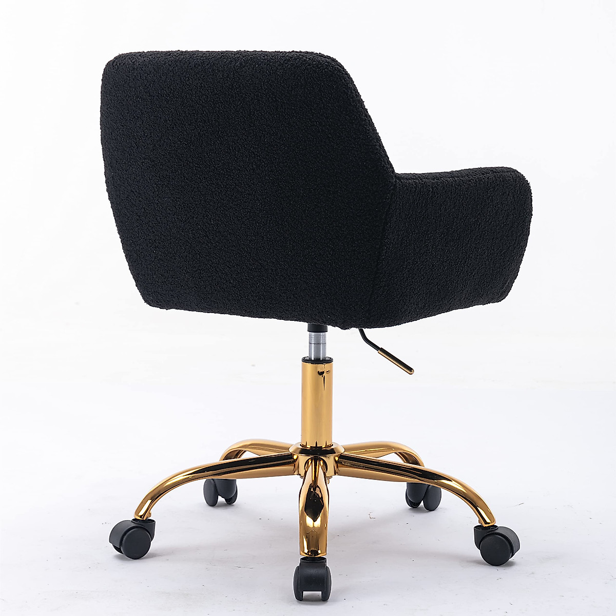 SSLine Faux Fur Vanity Chair Elegant Black Furry Makeup Desk Chairs for Girls Women Modern Comfy Fluffy Arm Chair with Gold Wheels in Bedroom Living Room