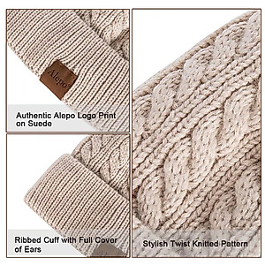 Alepo Womens Winter Beanie Hat, Warm Fleece Lined Knitted Soft Ski Cuff Cap with Pom Pom(Dark Gray+Oatmeal)
