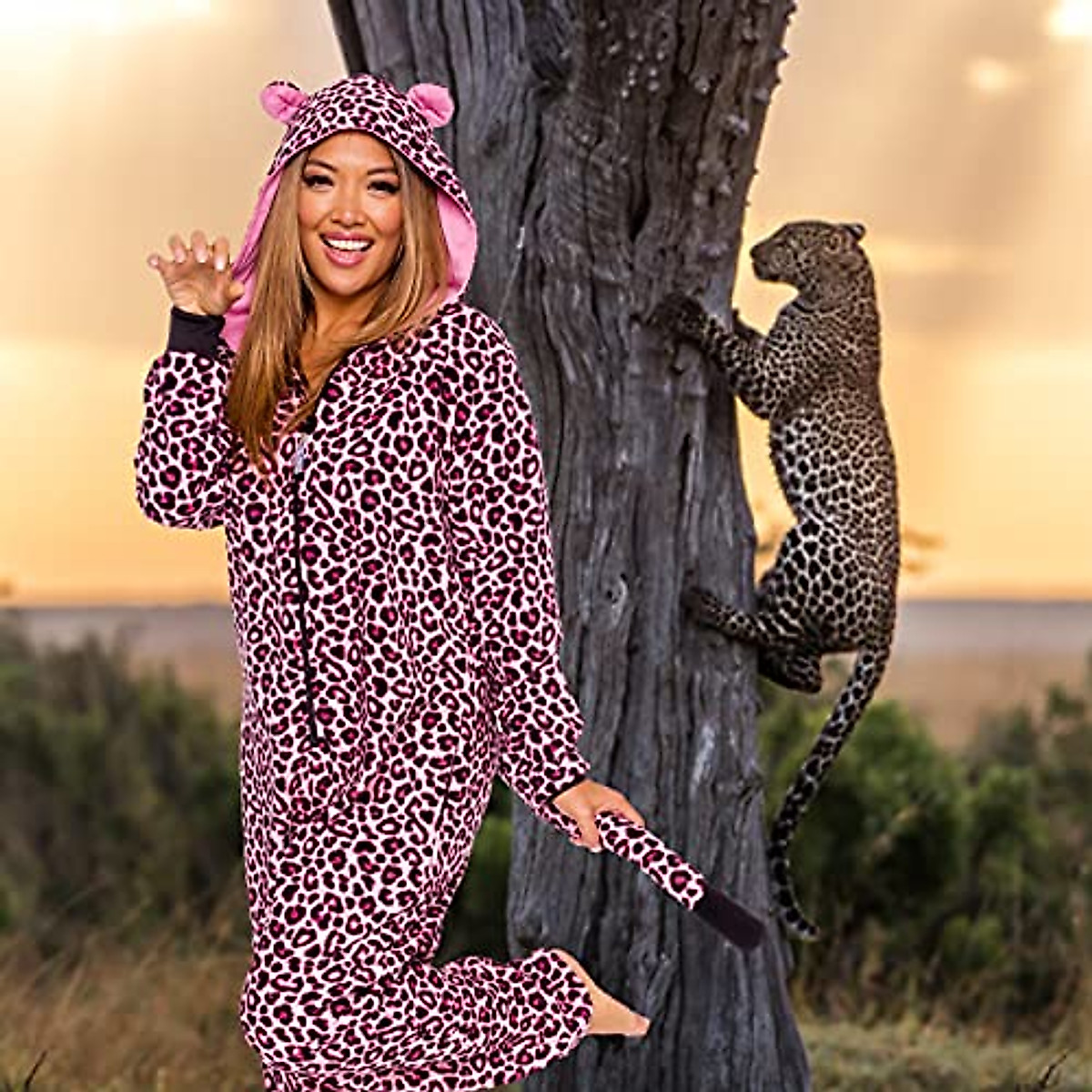 Funziez! Womens Slim Fit Leopard One Piece Animal Costume - Comfortable Jumpsuit (Pink, Medium)