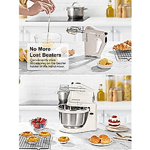 2 in 1 Hand Mixers Kitchen Electric Stand mixer with bowl 3 Quart, electric mixer handheld for Everyday Use, Dough Hooks & Mixer Beaters for Frosting, Meringues & More (White-S)