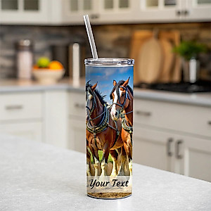 Personalized Custom Name Text Clydesdale Horses Skinny Tumbler 20oz with Straw Insulated Water Bottle Gift - 1 Line Horizontal