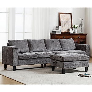 Ball & Cast 104.5" L Shaped Sectional Couch with Storage Ottoman, Chenille Upholstered 5 Seat Modular Sofa with Reversible Chaise for Living Room, Easy Assembly, Gray