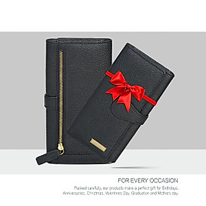 ESTALON Leather Long Bifold Wallet for Women | RFID Blocking | 11 Card Organizer Slots | 3 ID Windows | Trendy Women's Travel Wallet | Ladies Clutch Purse | Gifts for Her | Black Pebble