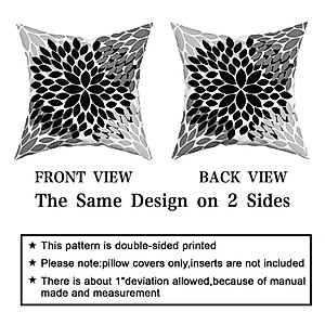 Kawani Black Pillow Covers 18X18 in Black White Grey Dahlias Floral Geometric Couch Pillow Cases with Zipper Set of 2 Farmhouse Rustic Home Decor for Living Room Bedroom Bed Cushion Outdoor