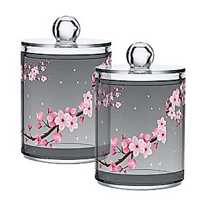 ALAZA Japanese Oriental Cherry Blossom Qtip Holder Organizer Dispenser for Cotton Ball, Cotton Swab, Cotton Round Pads, Floss,Bathroom Canisters Storage Organizer, Vanity Makeup Organizer,2Pack
