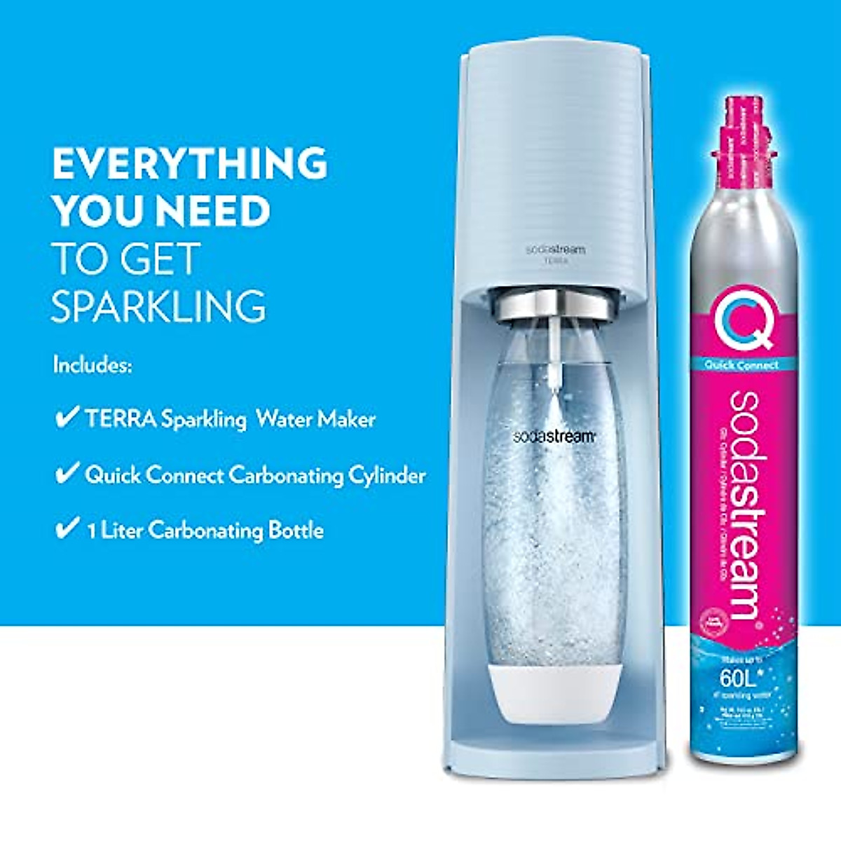 SodaStream Terra Sparkling Water Maker (Misty Blue) with CO2, DWS Bottle and Bubly Drop