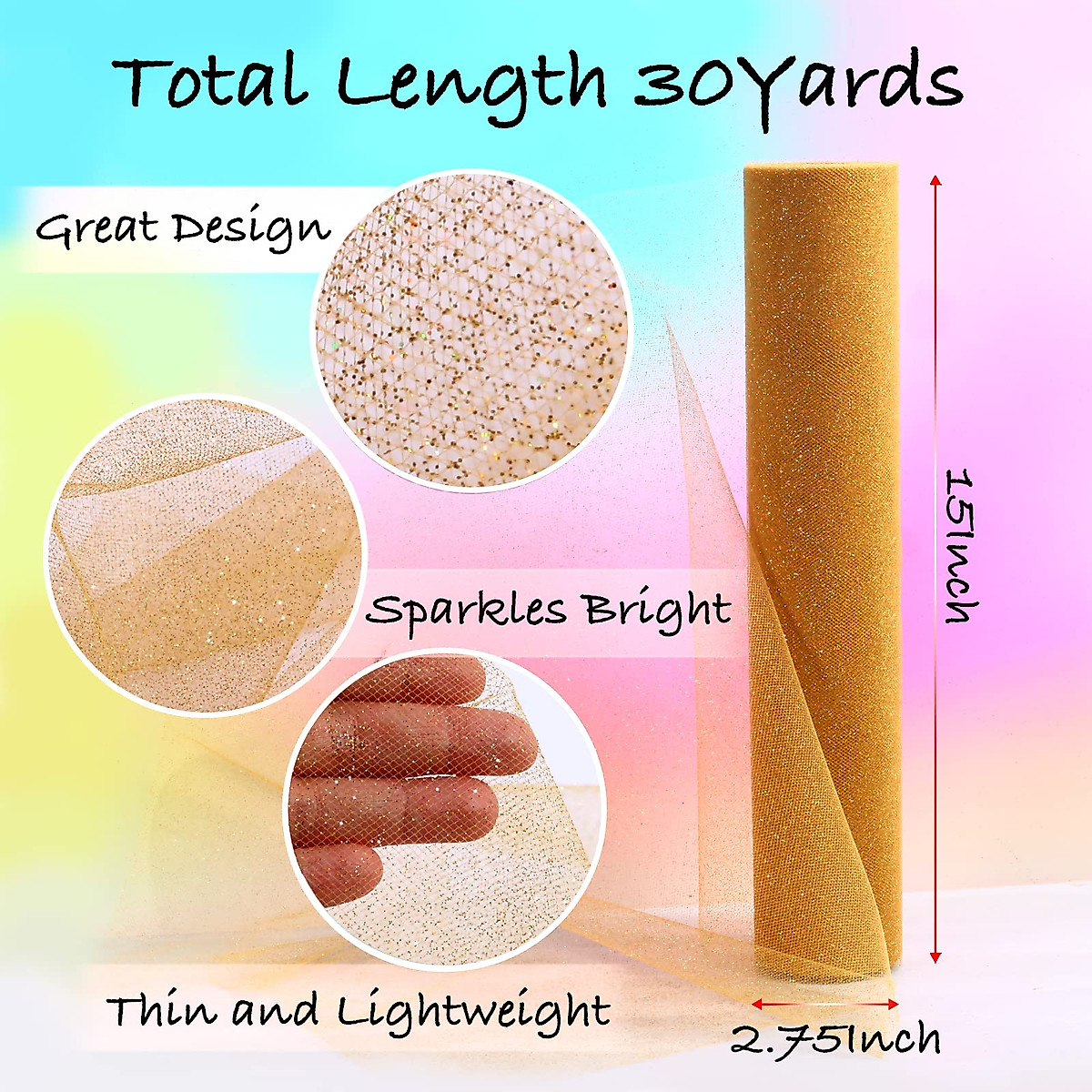 ICOSHOW Sparkling Tulle Rolls, 15” by 30 Yards (90FT) Glitter Tulle Spool Ribbon Fabric for Wedding Birthday Bridal Shower Tutu Skirt Party Gift Wrapping (Gold)