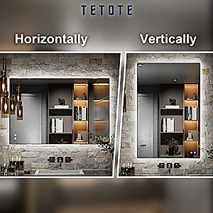 TETOTE 24 x 36 Inch LED Mirror Backlit Bathroom,Anti-Fog Mirror with Light,Dimmable,CRI90+,IP54 Water Proof,Wall Mounted Vanity Lighted Mirror,Horizontal/Vertical