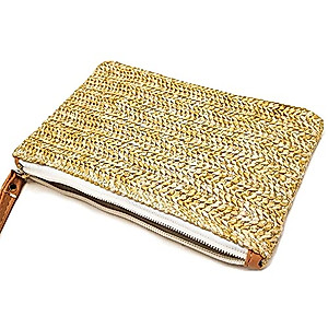 Auony Straw Clutch Handbag, Women Straw Purse Wristlet Summer Beach Bag with Zipper & Handle