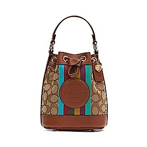 COACH Womens Mini Dempsey Drawstring Bucket 15 In Signature Jacquard With Stripe And Coach Patch Khaki/Redwood Multi