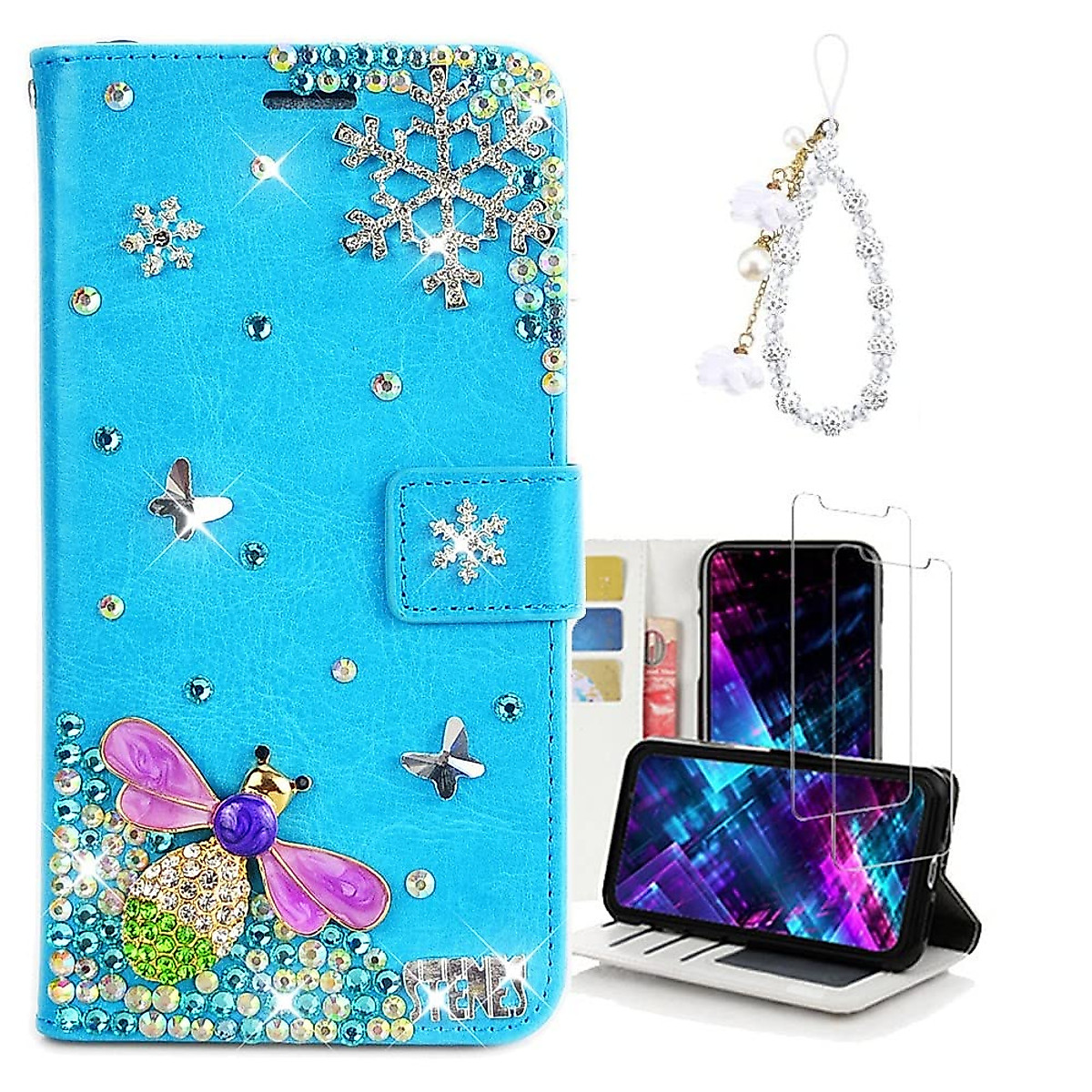Fairy Art Crystal Wallet Phone Case Compatible with Samsung Galaxy Z Fold 5 - Bee - Blue - 3D Handmade Sparkly Glitter Bling Leather Cover with Screen Protector & Beaded Phone Lanyard