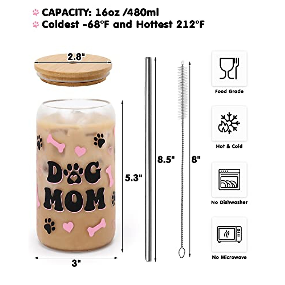 Dog Mom Gifts Beer Glass Can for Women 16oz Dog Paw Iced Coffee Cup with Bamboo Lid and Metal Straw for Dog Pets Lover Smoothie Wine Coffee Tumbler Cold Drinking Glass Birthday Gift Her Spring Summer