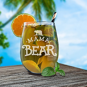 Mama Bear Laser Engraved Stemless Wine Glass 15 oz. Gift for Mom