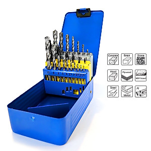 S&R Metal Concrete Masonry Drill Bit Set 23 Pcs. Multi Functional: 10 Metal Drills HSS M2 Steel / 7 Concrete Drills / 6 Wood Drills/Bits Set in Metal Box Multi-Purpose