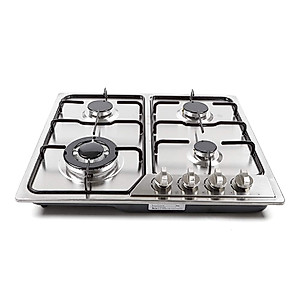 4 Burner Natural Gas Cooktop, Portable Gas Stove, Built-In Natural Gas Stove Cooker Stainless Steel Cooktop Cast Iron Grates Gas Stovetop, for Apartment, Indoor (Not Included Gas Pipe)