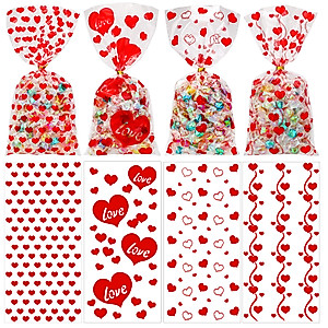 Konsait 100pcs Valentines Cellophane Bags, Clear Candy Cookie Treat Bags with Twist Ties for Bakery Biscuit Chocolate Snacks,Holiday Goody Bags, Valentines Party Favors Supplies
