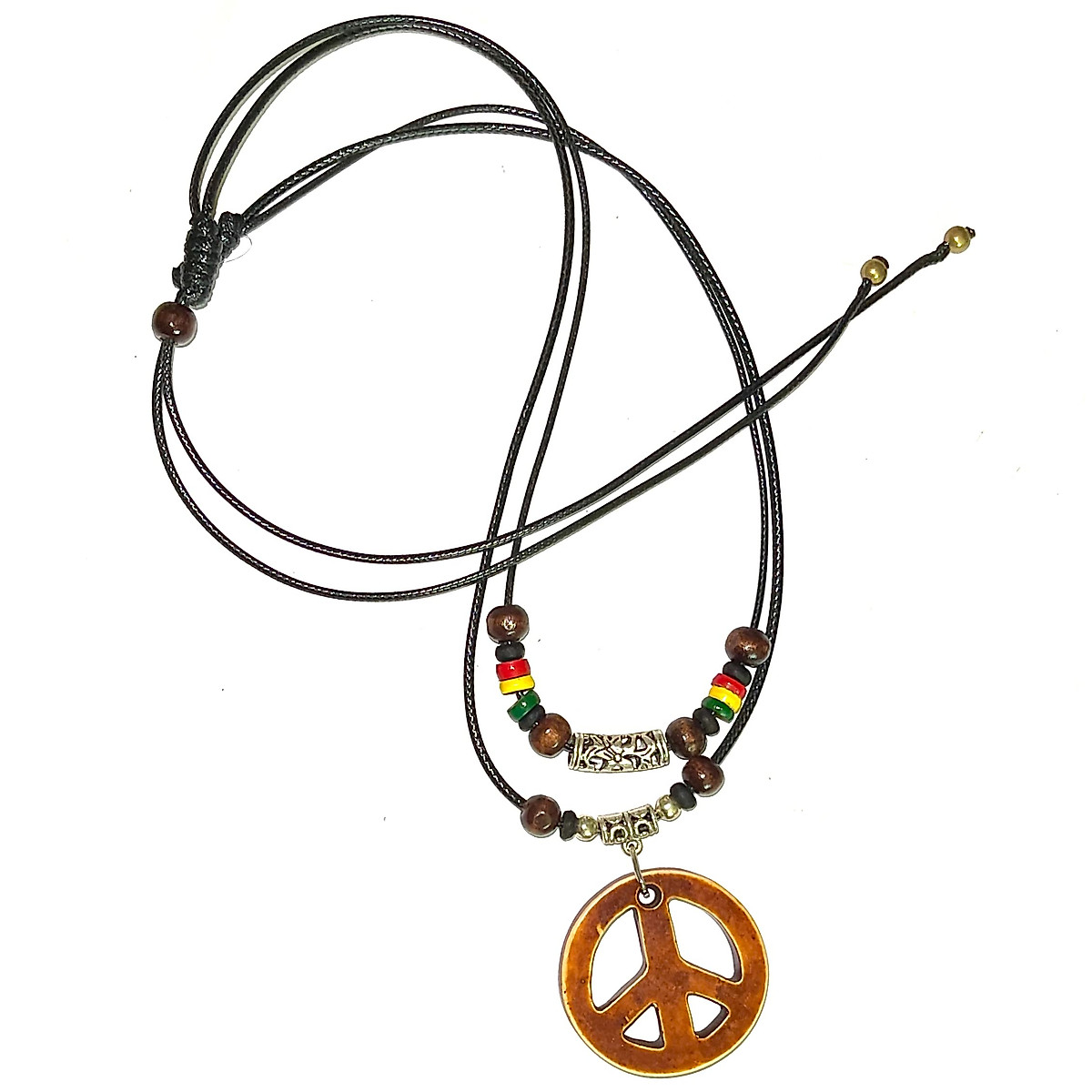 LAVIP Leather Peace Sign Pendant Double Layers Peace Symbol Brown Pendant Necklace Coconut wood Beads