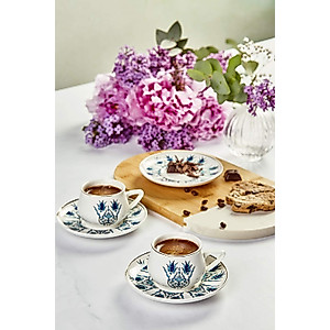 KARACA İznik New Form Set of 6 Coffee Cups 90 cc, Small Porcelain Espresso Cups and Saucers, Turkish Coffee Cup, Set of 6 Demitasse Cups 3 oz Ounce for Specialty Coffee Drinks, Single/Double Espresso