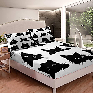 Feelyou Black Cat Bed Sheet Set for Kids Boys Girls Pet Cats Pattern Fitted Sheet Cute Kitten Print Bedding Set 3D Animal Theme Bed Cover Bedroom Decor 2Pcs Twin Size White