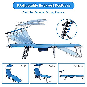 GYMAX Beach Chair with Canopy Shade, Folding Tanning Lounge with Adjustable Backrest, Carry Handle & Side Pocket, Sunbathing Chair for Outside, Patio, Poolside, Lawn (1, Navy)