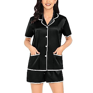 SWOMOG Silk Pajamas for Women Satin Sleepwear Short Sleeve Sleep Shirt with Shorts Soft Loungewear Pjs Set Black