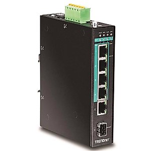 TRENDnet 5-Port Hardened Industrial Gigabit PoE+ DIN-Rail Switch, 120W Power Budget, 1 x SFP Slot, IP30 Rated, Unmanaged Switch, Gigabit PoE+ Network Switch, Lifetime Protection, Black, TI-PG541