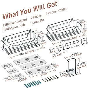 Temste Shower Caddy, Rustproof Shower Organizer with Phone Holder, Stainless Steel Shower Shelf for Inside Shower with Adhesive Hooks, Bathroom Organizer Shower Storage - 2 Pack