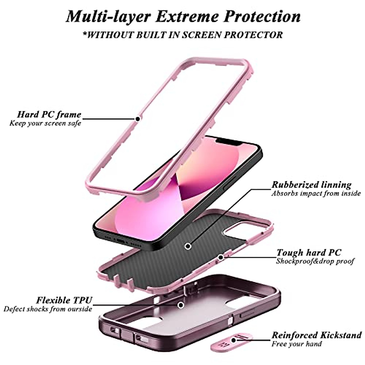 Qireoky for iPhone 13 Case,iPhone 13 Phone Case with Stand Heavy Duty Protective Anti-dust Port Cover Non-Slip Multi Layers 3 in 1 Bumper Shockproof Case for iPhone 13(Purple)