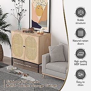 XIAO WEI Sideboard with Handmade Natural Rattan Doors, Rattan Cabinet Console Table Storage Cabinet Buffet Cabinet, for Kitchen, Living Room, Hallway, Entryway, Natural