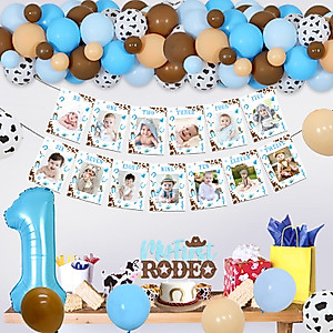 First Rodeo Birthday Party Decorations Boy Blue, Western Cowboy 1st Birthday Party Decorations - Cowboy Balloon Garland Kit with High Chair Banner, Monthly Photo Banner, My First Rodeo Cake Topper