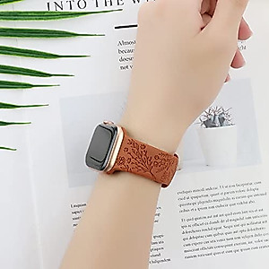Flower Engraved Silicone Band Compatible with Apple Watch Bands 38mm 40mm 41mm, Cute Women Wildflowers Floral Design Soft Sport Strap Replacement Wristbands for iWatch Series 8 7/SE/6/5/4/3/2/1 (38/40/41mm, Walnut Brown Brown)