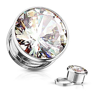 Pierced Owl Stainless Steel Bezel Set Clear Gem Screw Fit Plug Gauges, Sold As Pair (Silver Tone, 16mm (5/8"))