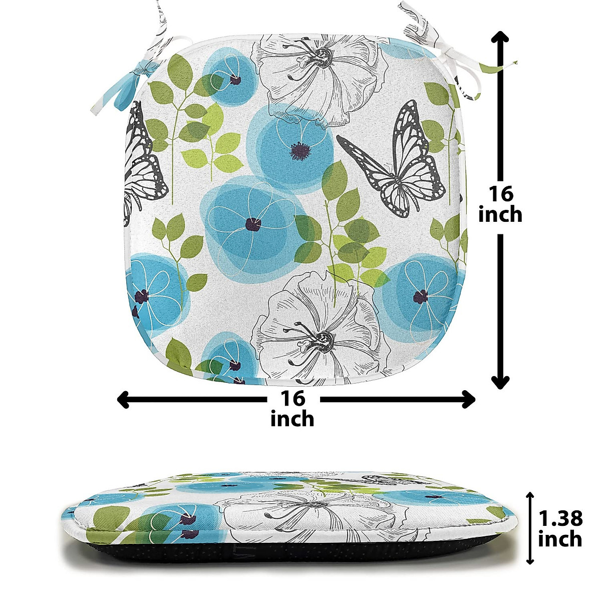 Lunarable Pale Blue Chair Seating Cushion Set of 6, Blue Poppies Butterfly Branches Leaves Botany Garden Nature Concept, Anti-Slip Seat Padding for Kitchen & Patio, 16"x16", Pale Blue Green White