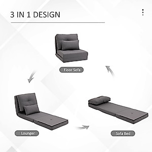 HOMCOM Convertible Flip Chair, Floor Lazy Sofa, Folding Upholstered Couch Bed with Adjustable Backrest, Metal Frame and Pillows for Living Room Bedroom, Dark Grey
