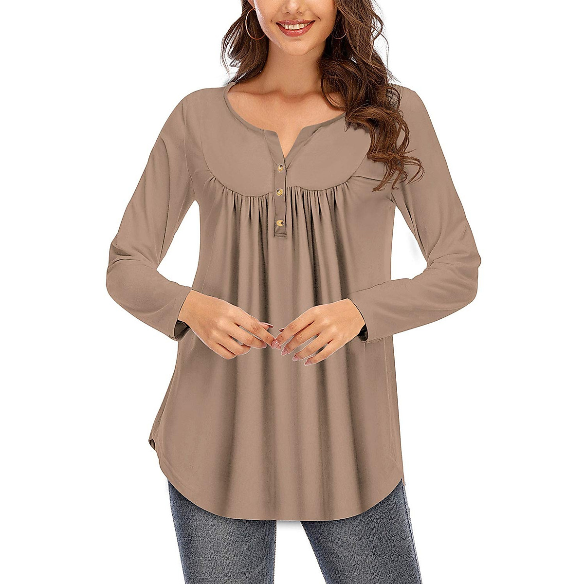 Beauhuty Womens Long Sleeve Tops Casual Henley V-Neck Loose Fit Pleated Tunic Shirt Blouses (Long-Light Coffee,S)