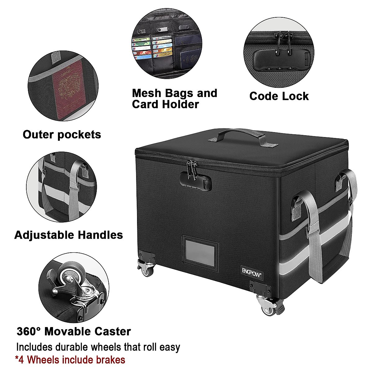 ENGPOW Fireproof Document Box with Wheels, Collapsible File Box with Lock, Rolling File Storage Organizer Filing Cabinet with Pockets, Portable Home Office Safe for Hanging Letter/Legal Folder