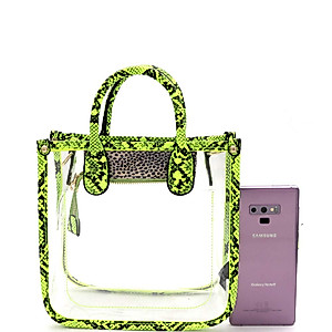 Stadium Approved Vegan Leather Snake Print Small Large Clear Tote Bag Purse (Small 2 Way Tote - Neon Yellow)