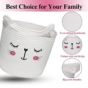 Bigepige Cat Decorative Baby Toy Storage Basket with Handle, Cotton Rope Blanket Basket for Cat Lovers Gift, Stuffed Animal Storage Bin, Cute Kids Laundry Nursery Hamper Organizer (White3, Medium)