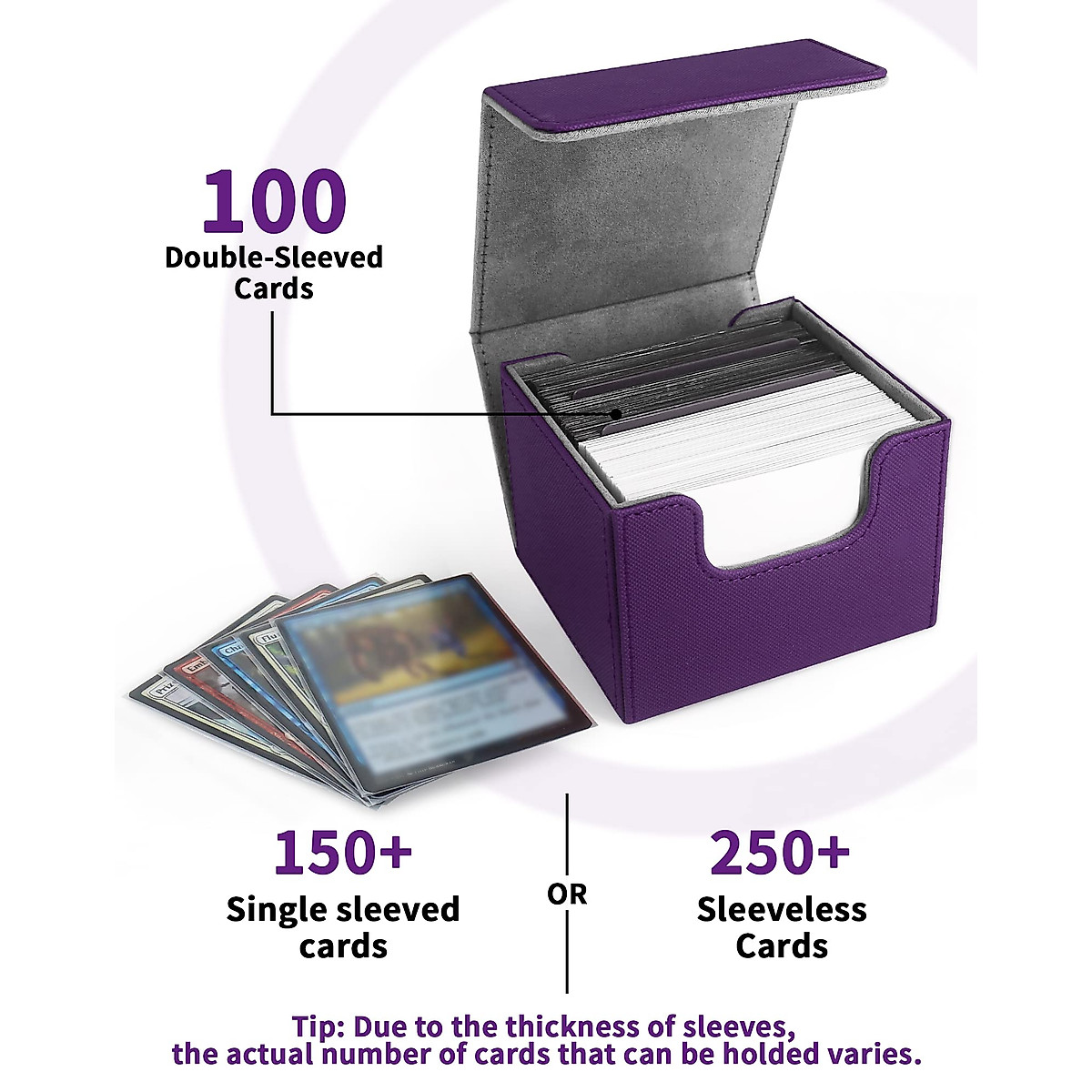 ZLCA Card Deck Box with 2 Dividers for MTG Cards, Large Horizontal Card Storage Box Fits 150+ Single Sleeved Cards, PU Leather Commander Deck box for TCG CCG (Purple)