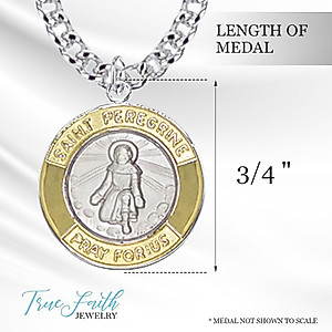 TrueFaithJewelry Sterling Silver St Peregrine Necklace Patron Saint Medal Pendant with 14K Gold Border Religious Jewelry, 5/8 Inch