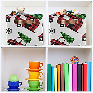 Christmas Buffalo Plaid Truck Storage Basket Collapsible Storage Bins Cubes Box Toy Chest Fabric Clothes Hamper Gift Baskets for Shelves Office Nursery Home Shoes with Leather Handles