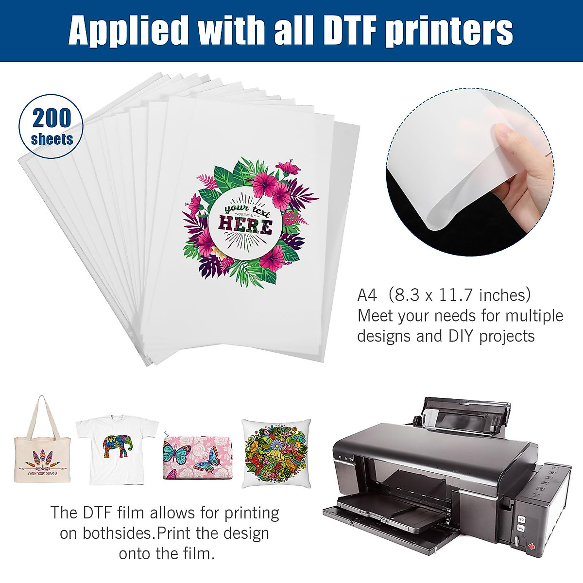 Qilery 200 Sheets DTF Transfer Film 8.3" x 11.7" Double Sided Matte Clear Pretreat Sheets Sublimation Printable PET Heat DTF Paper for Inkjet Printer DIY Project on Fabric Glass Metal Plastic