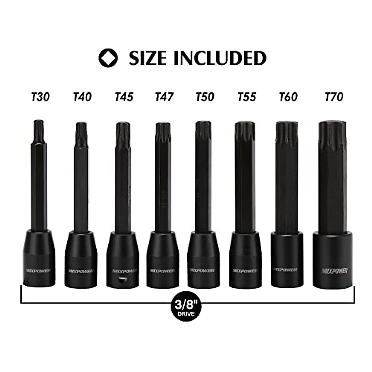 MIXPOWER Extra Long Torx Bit Socket Set, 3.5-inch Length, Torx Bit in 3/8" Drive T30 - T70, 8 Pieces Set