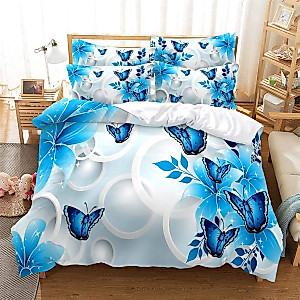 Blue Butterflies Pattern 3PCS Bedding Set Comforter Sets Never Fade Quilt Queen (Twin (68'' x 86''))