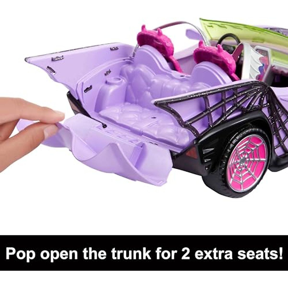 Monster High Toy Car, Ghoul Mobile with Pet & Cooler Accessories, Purple Doll-Sized Convertible with Spiderweb Details