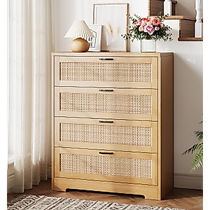 GarveeHome 4 Drawer Dresser Rattan Dresser, Tall Chest of Drawers, Wood Dresser for Bedroom, Closet, Living Room, Hallway